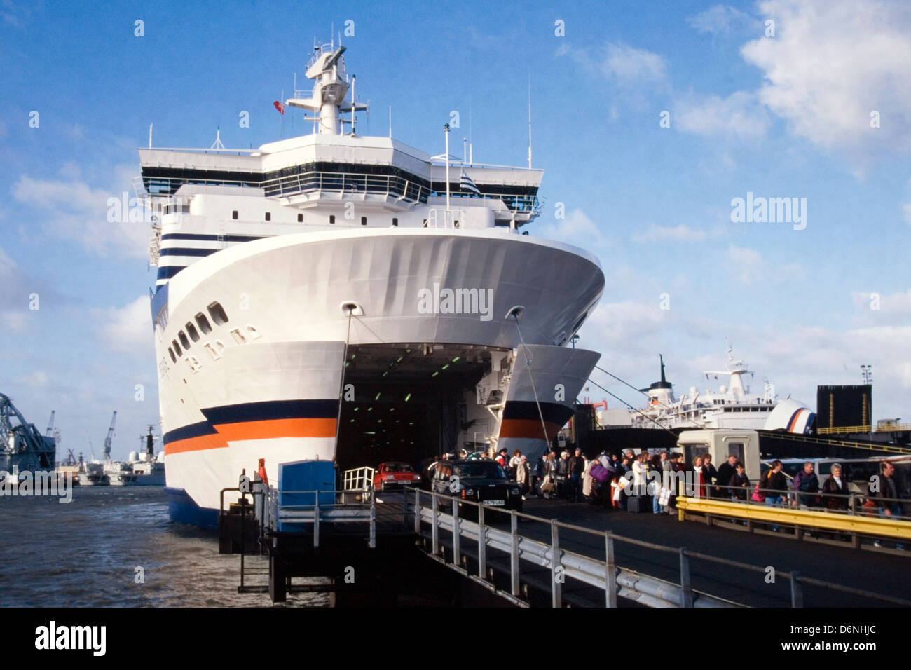 passengers disembark from brittany ferries ship mv bretagne docked in ...