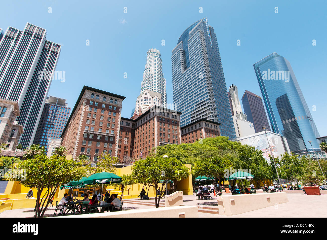Pershing Square with high-rise buildings, downtown Stock Photo - Alamy