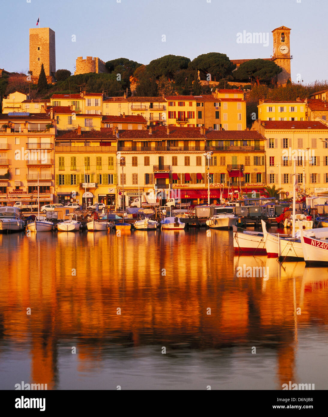 Old harbour and Le Suquet at dawn, Cannes, Cote d'Azur, French Riviera ...