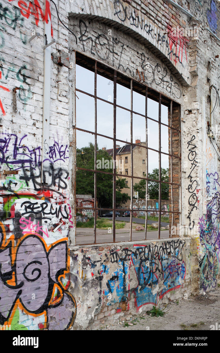 Berlin, Germany, sprayed with graffiti factory wall with transom remote ...