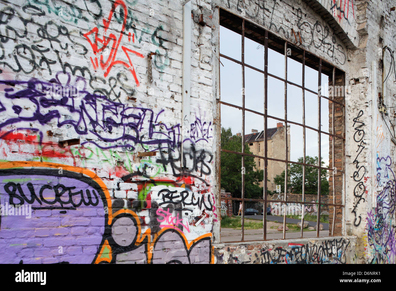 Berlin, Germany, sprayed with graffiti factory wall with transom remote ...