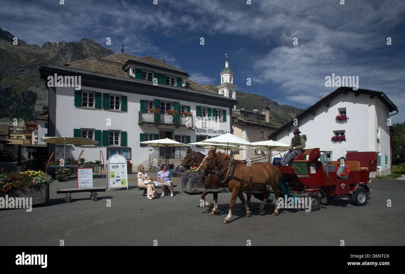 Sils Maria, Switzerland, a horse-drawn carriage in front of the town ...