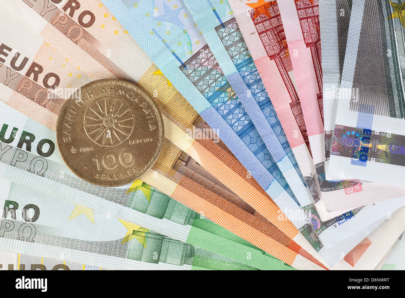 Berlin, Germany, Euro notes and former Greek Drachma coin Stock Photo ...