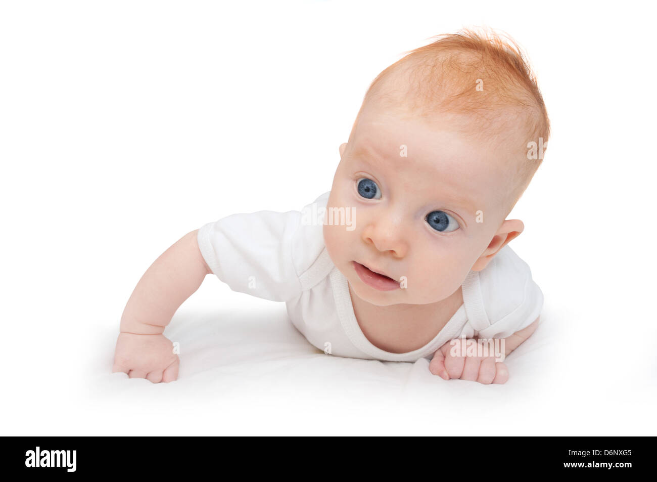 Cute Baby Girl Lying on Front on White Background Stock Photo - Alamy