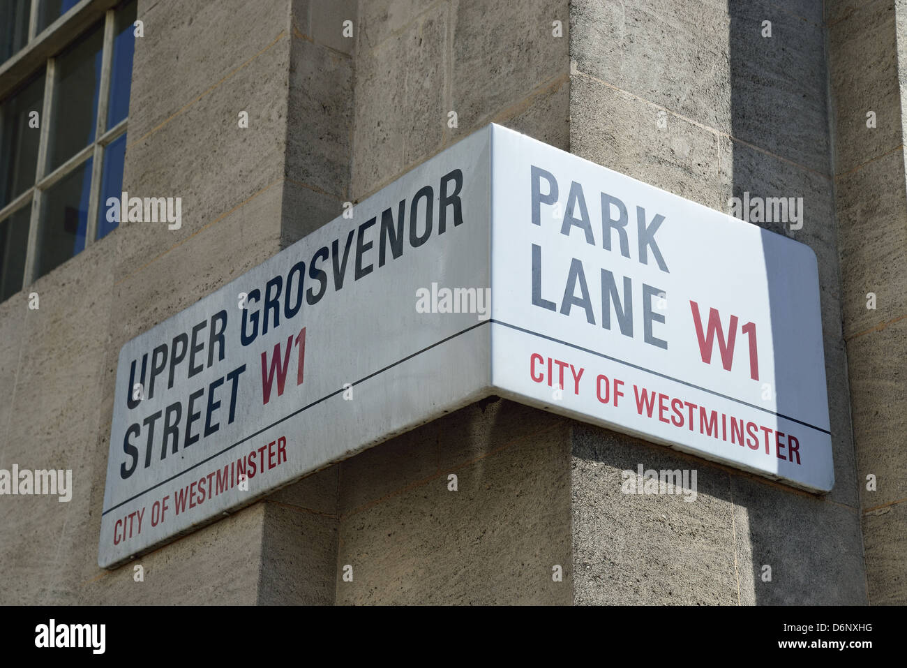 Street signs at corner of Park Lane and Upper Grosvenor Street, Mayfair ...