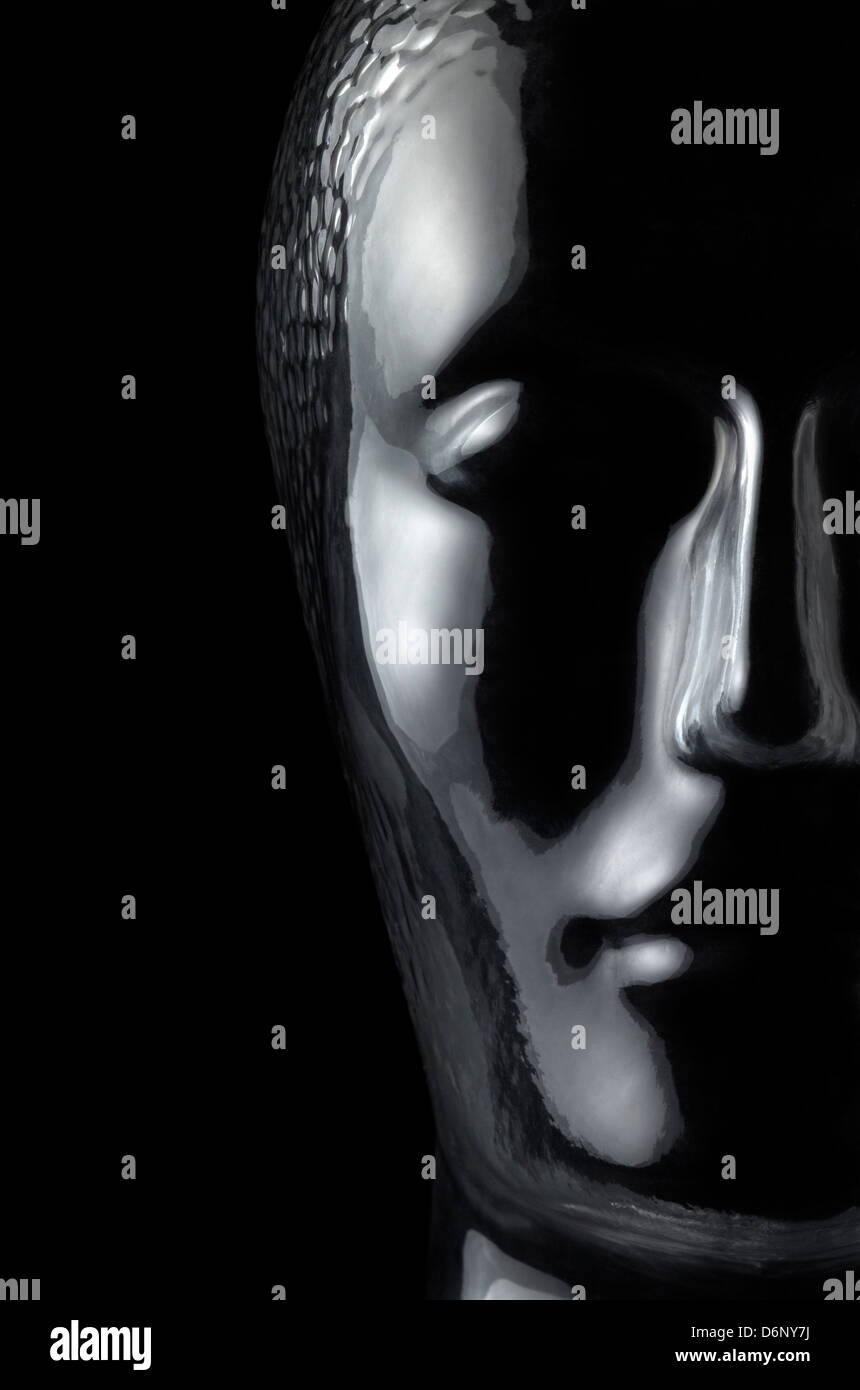 translucent reflective human head made of glass in black back Stock ...