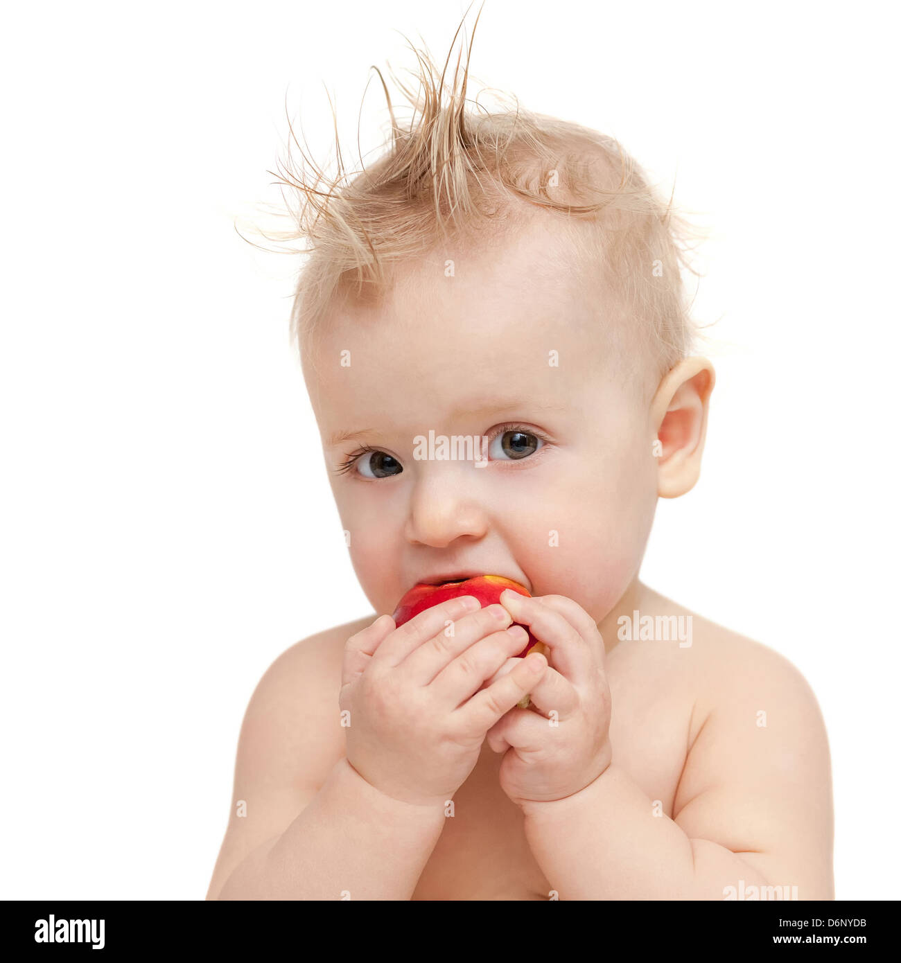baby eating red apple, isolated on white Stock Photo - Alamy