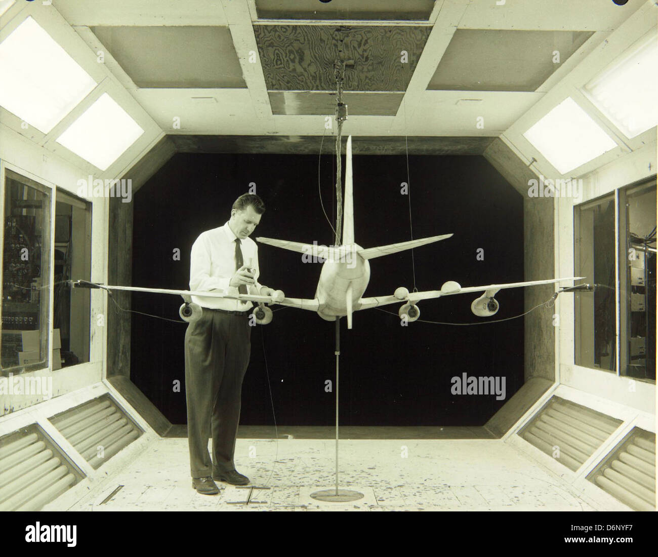 This image shows the wind tunnel testing conducted at the Convair ...