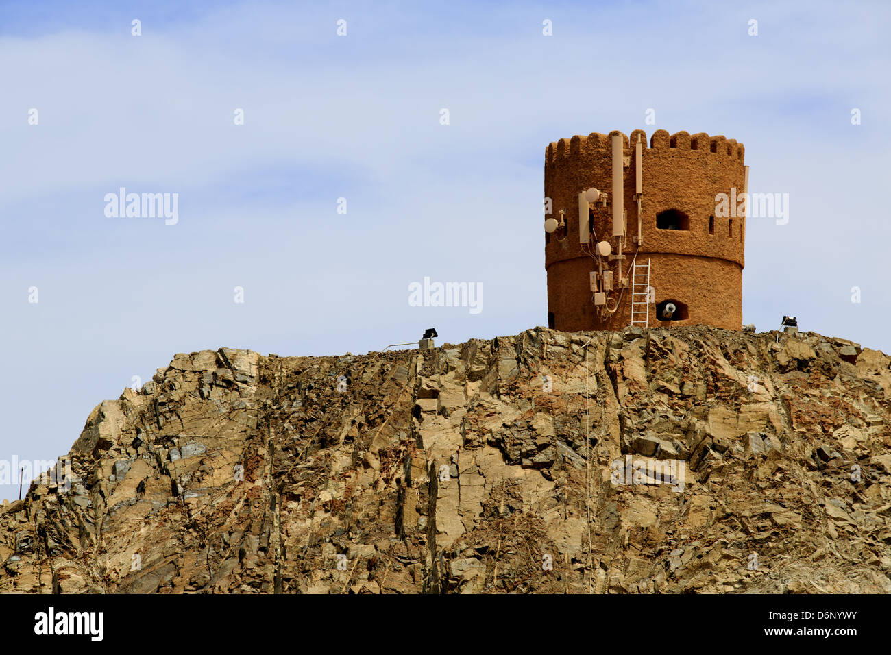 Typical Oman Watchtower with cellular and microwave antennas, in Mutrah ...