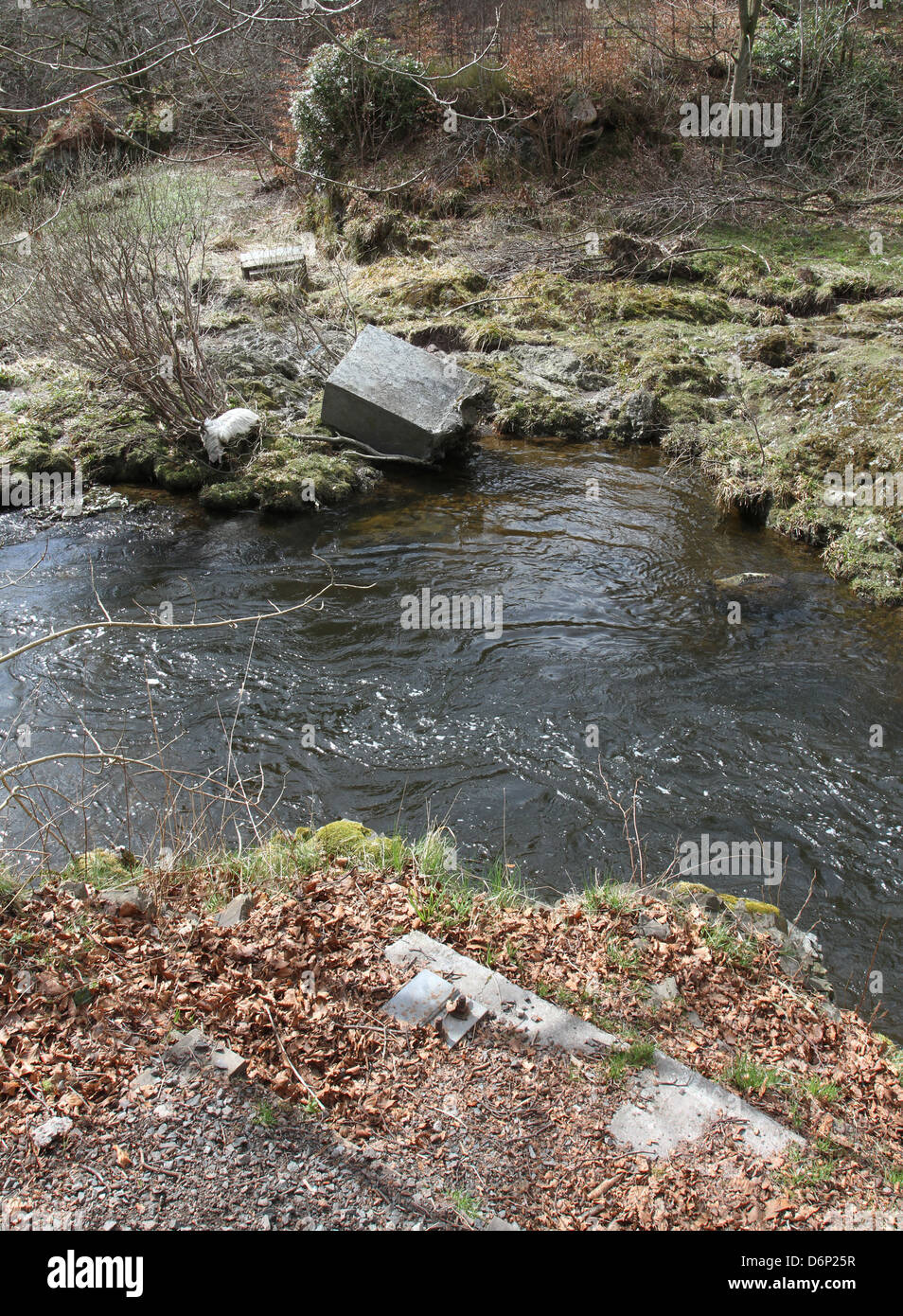 Washed out bridge over River Devon near Rumbling Bridge Scotland April ...