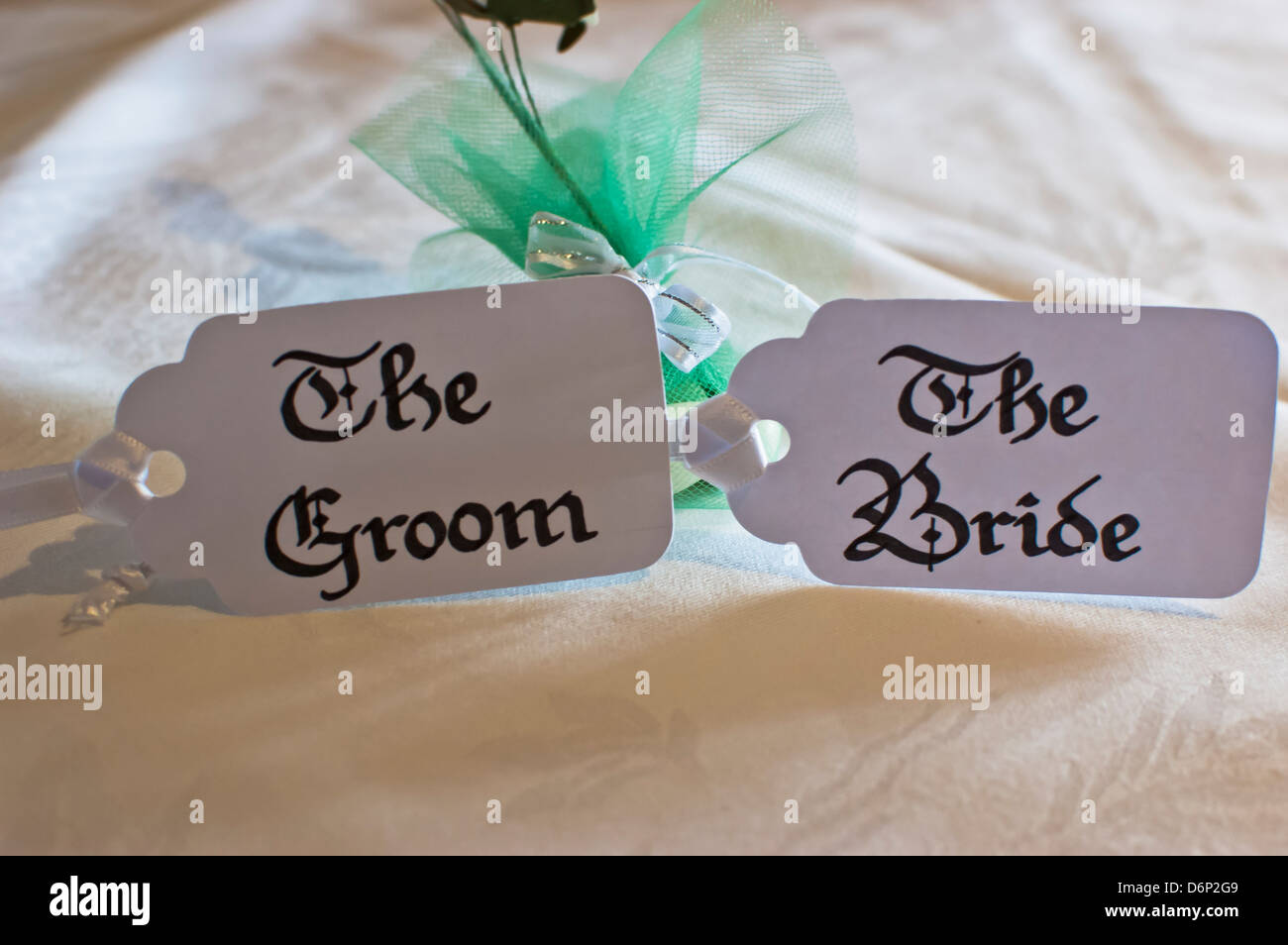 Bride and Groom name tags Stock Photo - Alamy