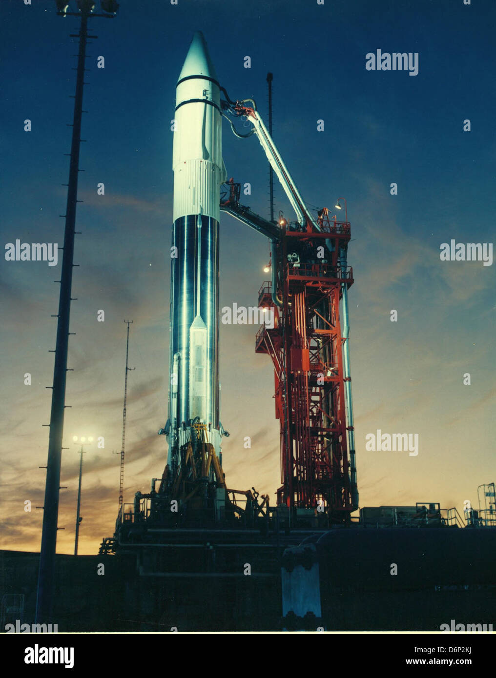 This photograph shows the Atlas missile system developed by Convair ...