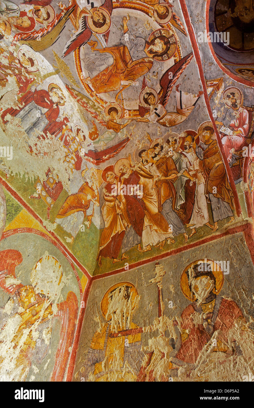 View of ceiling with fresco painting in a cave church, Goreme open air ...