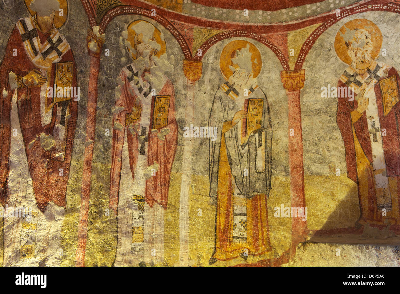 View of ceiling with fresco painting in a cave church, Goreme open air ...