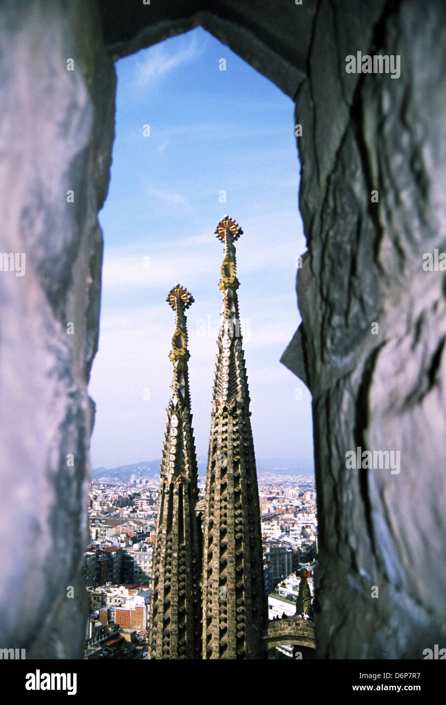 Barcelona, Spain-May 04: Two cathedral spires framed in an arched ...