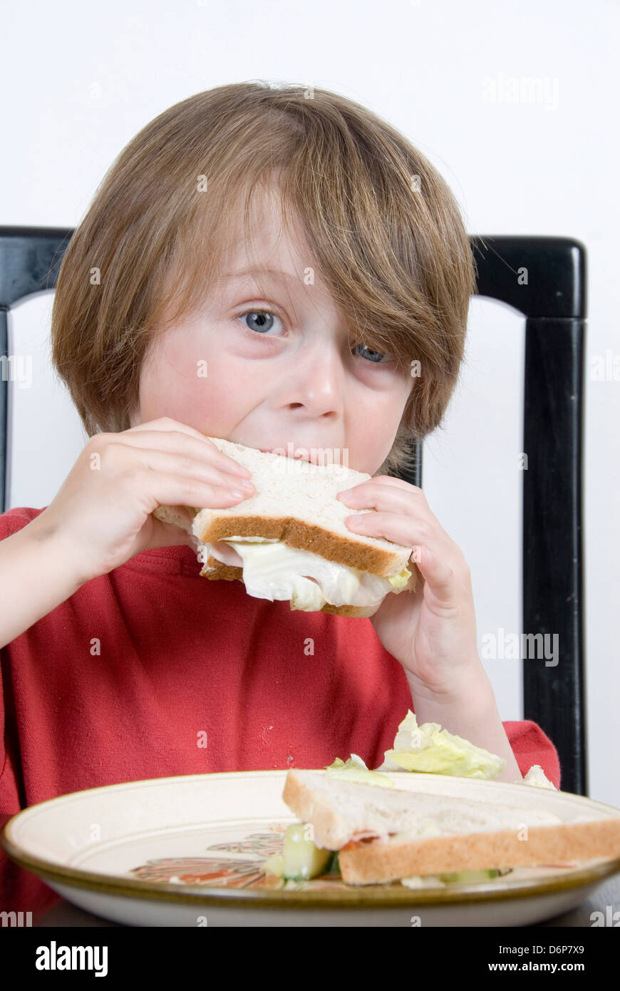 Young boy sitting at the table eating his lunch of ham salad sandwich ...