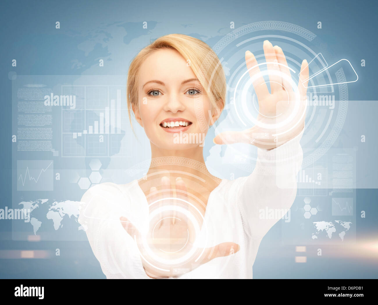 businesswoman touching virtual screen Stock Photo - Alamy