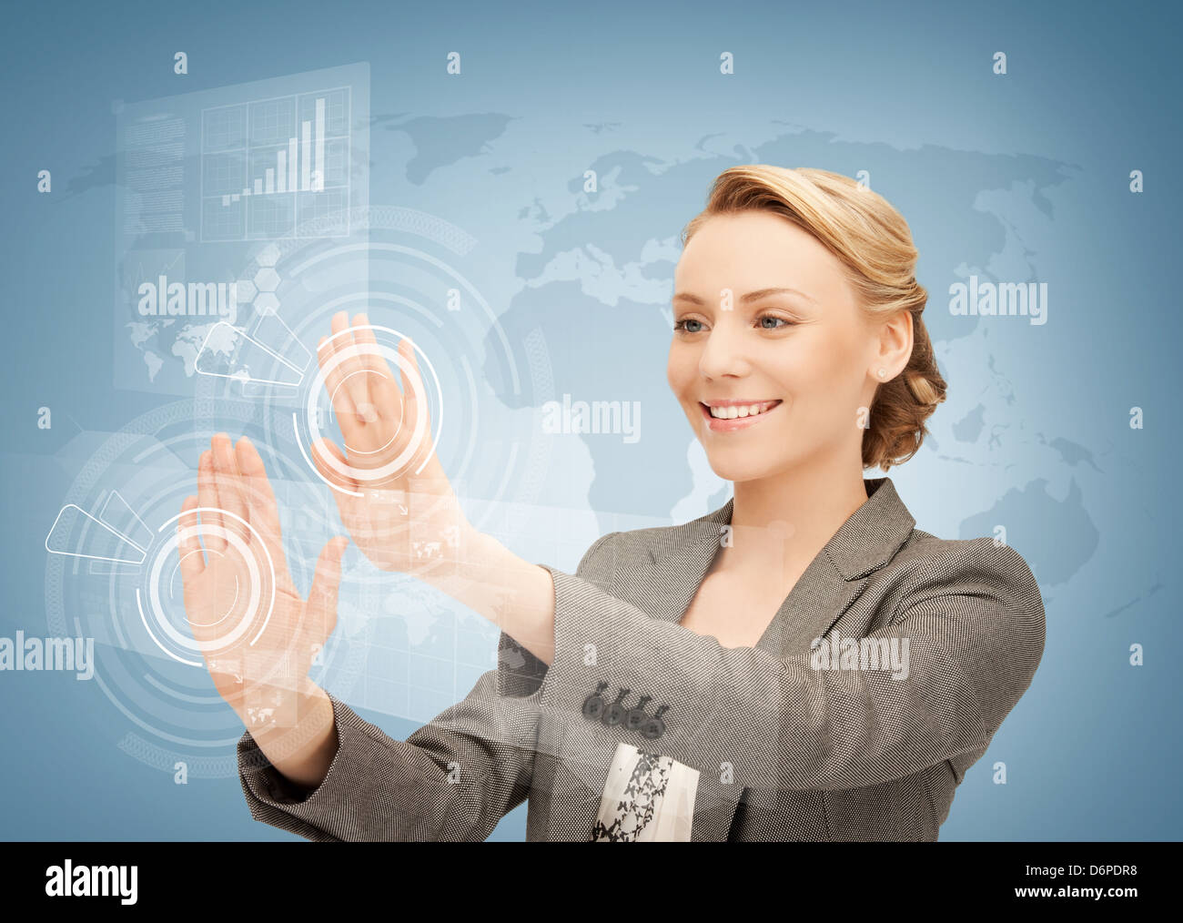 businesswoman touching virtual screen Stock Photo - Alamy