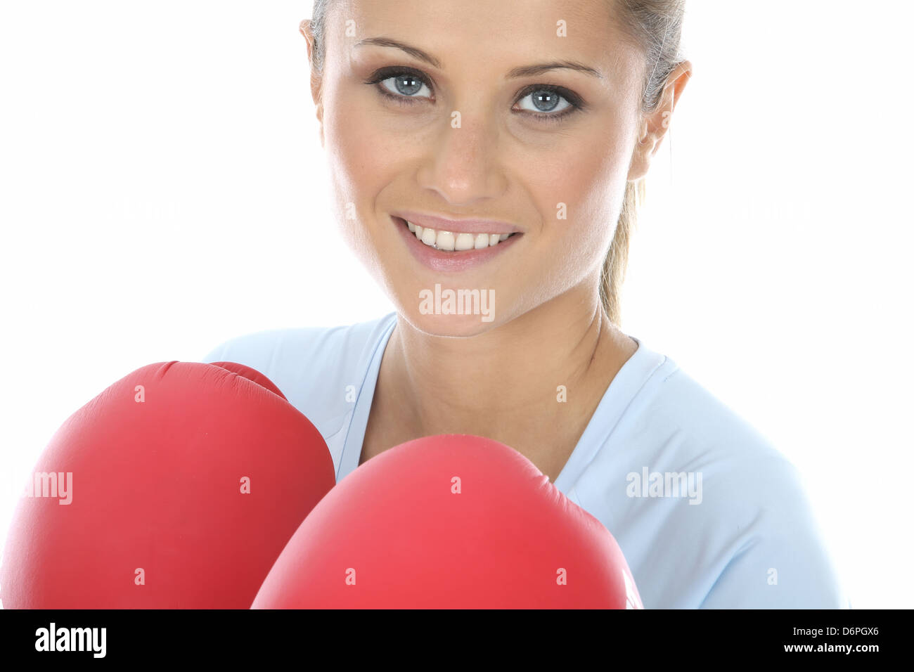 Confident Happy Young Blonde Woman, Wearing Red Boxing Gloves, Isolated ...