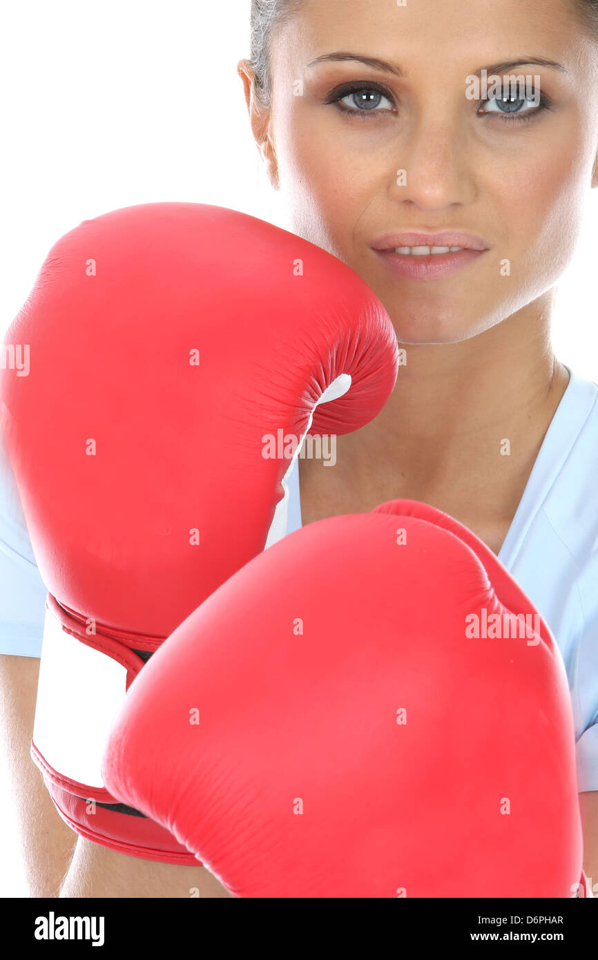 Confident Happy Young Blonde Woman, Wearing Red Boxing Gloves, Isolated ...