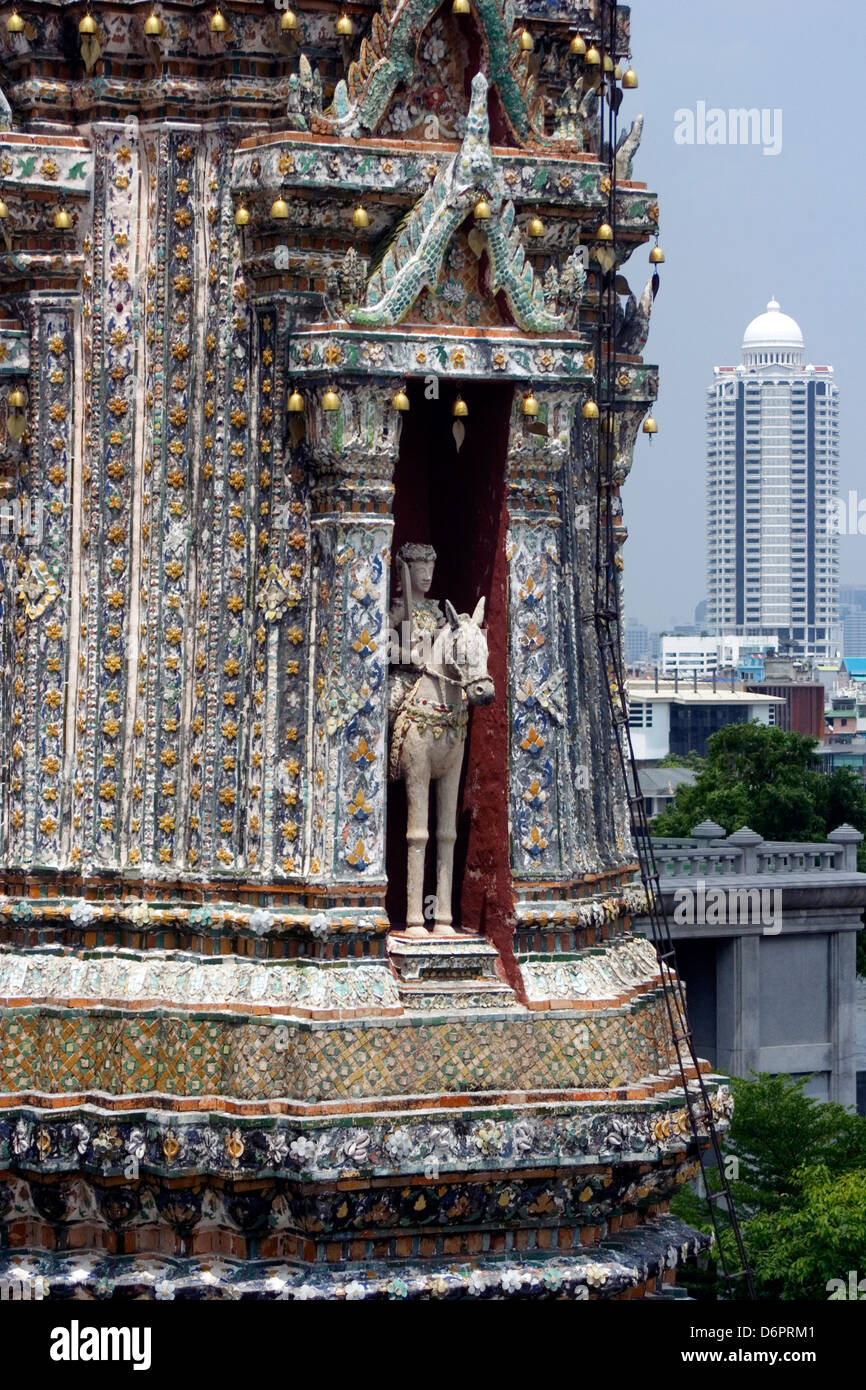Thailand, Bangkok, Wat Arun, Temple with modern building in distance ...