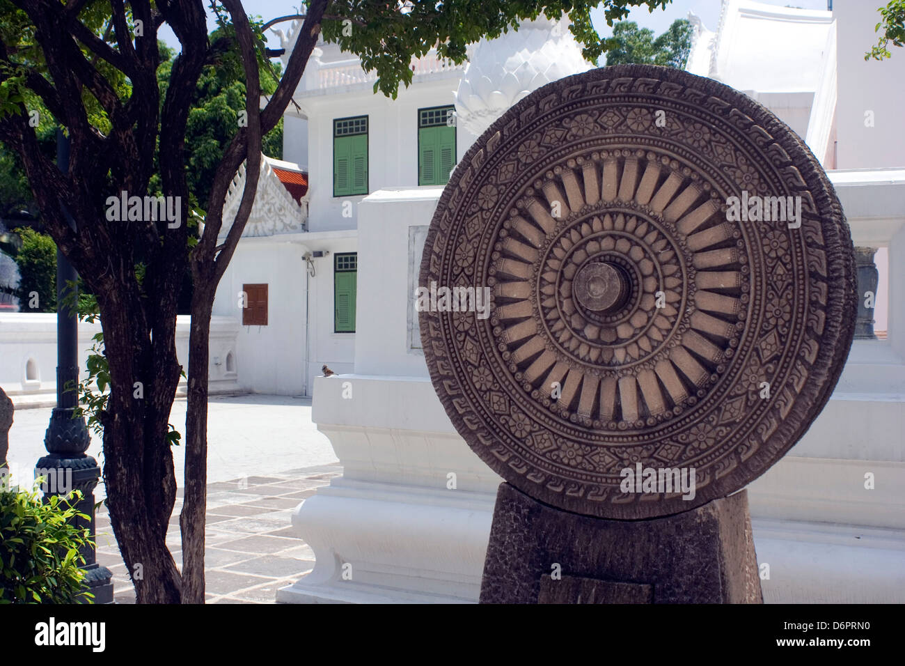 Thailand, Bangkok, Pathum Wan District, Circular stone artwork outside ...