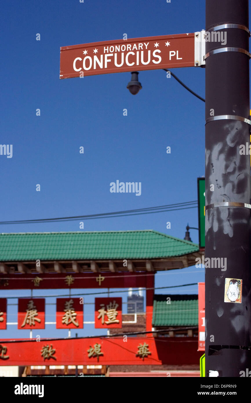 USA, Chicago, Chinatown, Street sign honoring philosopher Confucius ...