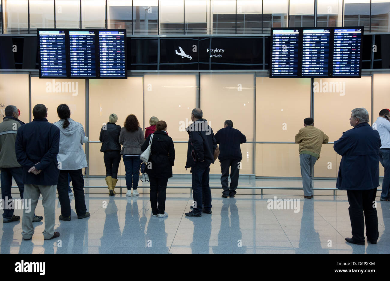 Wroclaw, Poland, people waiting in the arrivals hall at Copernicus ...