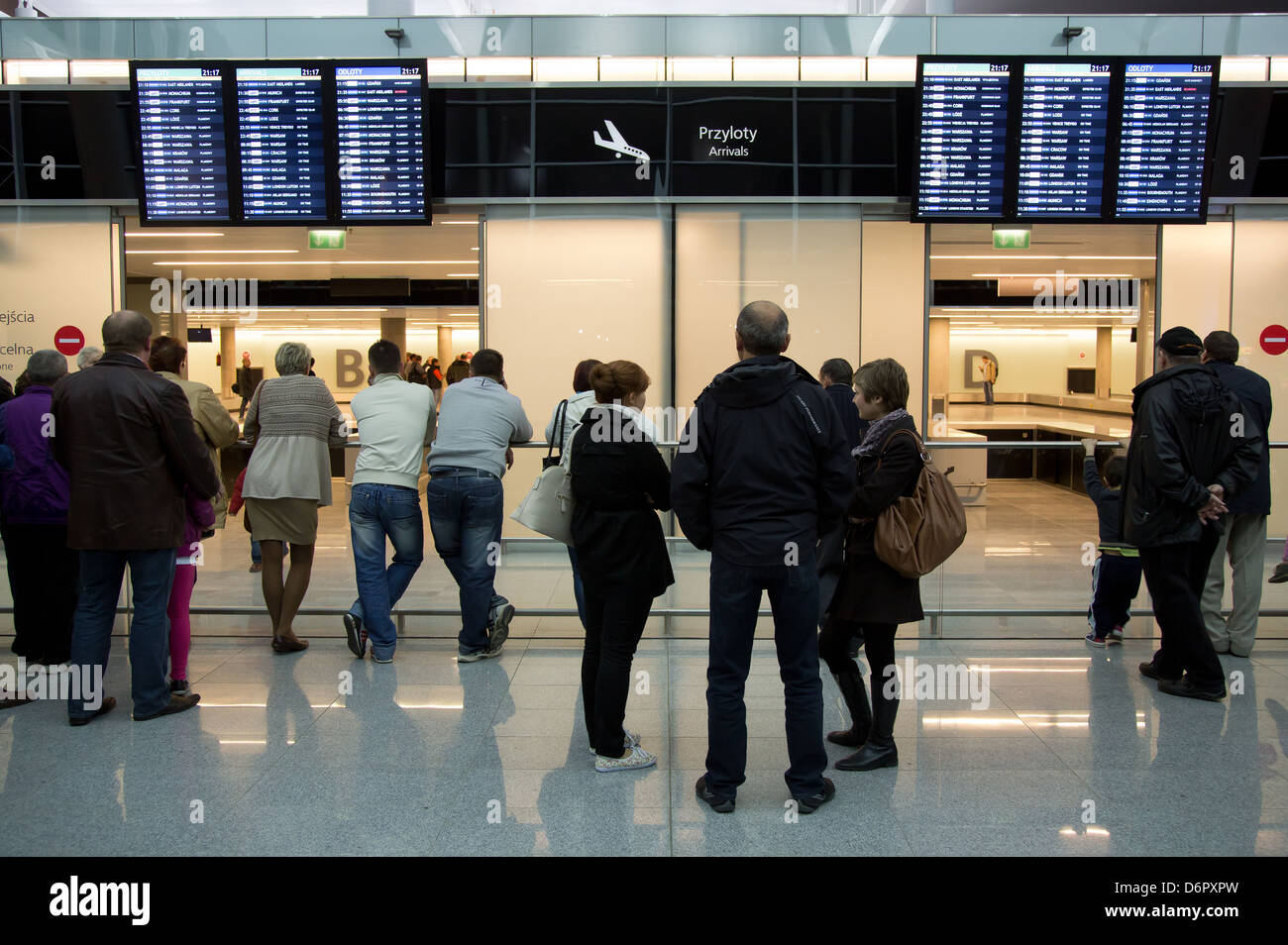 Wroclaw, Poland, people waiting in the arrivals hall at Copernicus ...