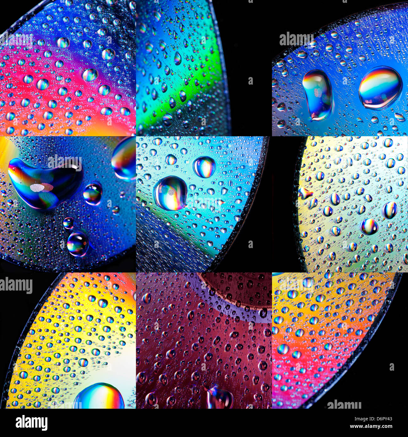 montage of water droplets on the surface of a cd, dvd disk with rainbow ...