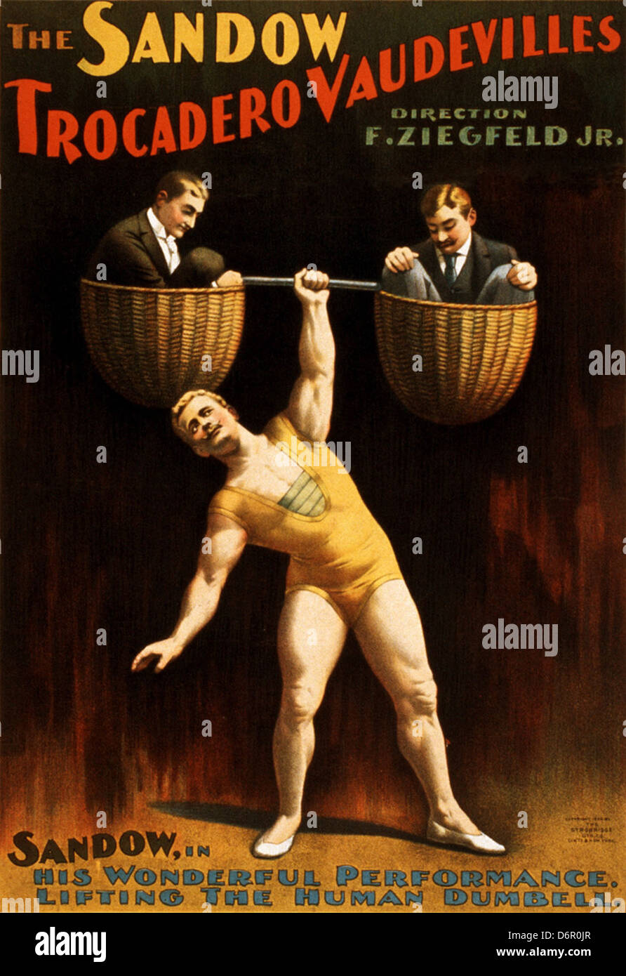 A lithograph from 1894 depicting strongman Sandow performing a ...