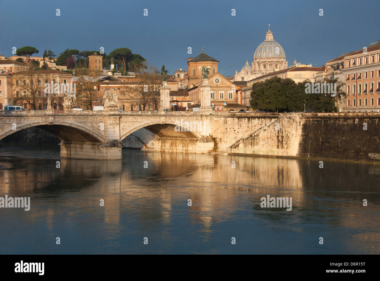 ROME, ITALY. A dawn view of the River Tiber and Ponte Vittorio Emanuele ...