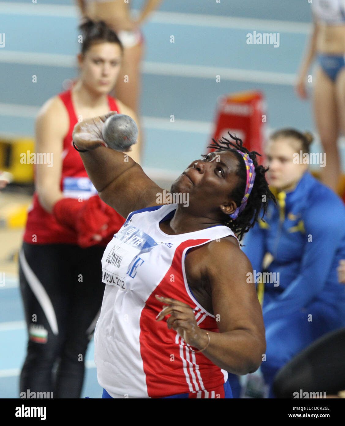 France's Jessica Cerival competes during the women's shot put ...