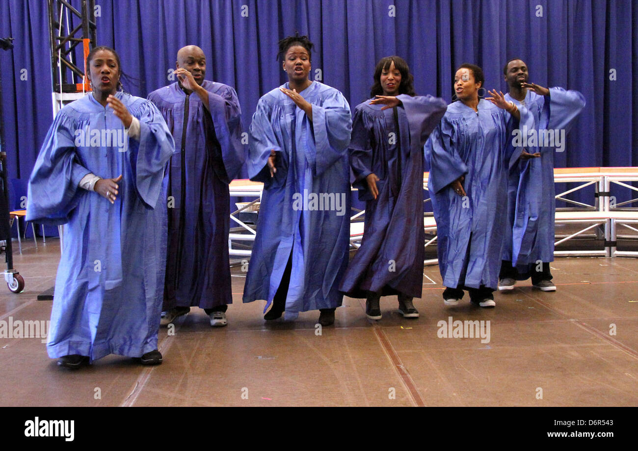 cast Press rehearsal with the cast of the Broadway musical 'Leap Of Faith' at the New 42nd ...