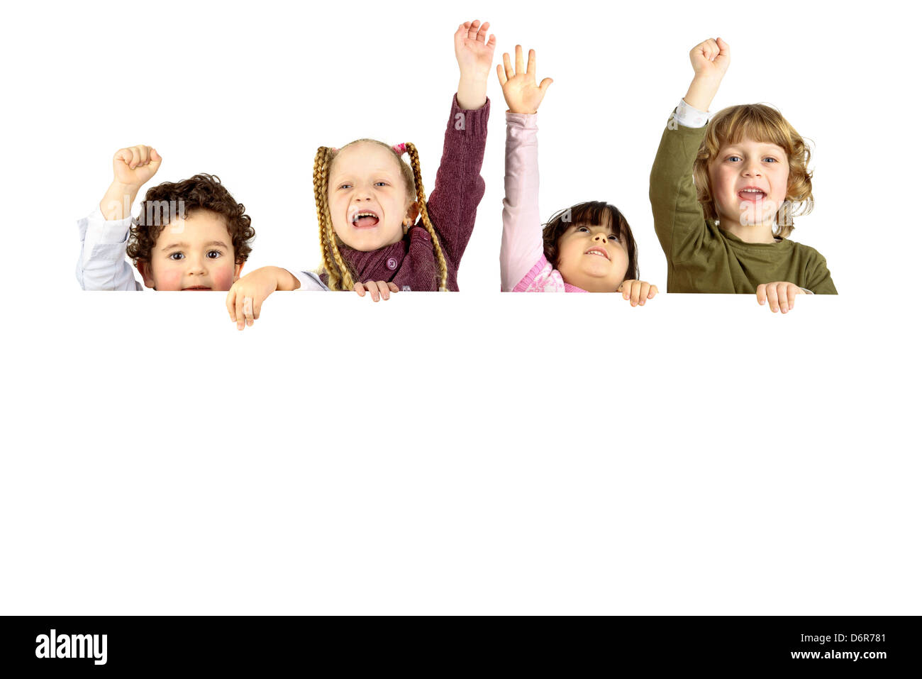 Group of children with a white board isolated in white Stock Photo - Alamy