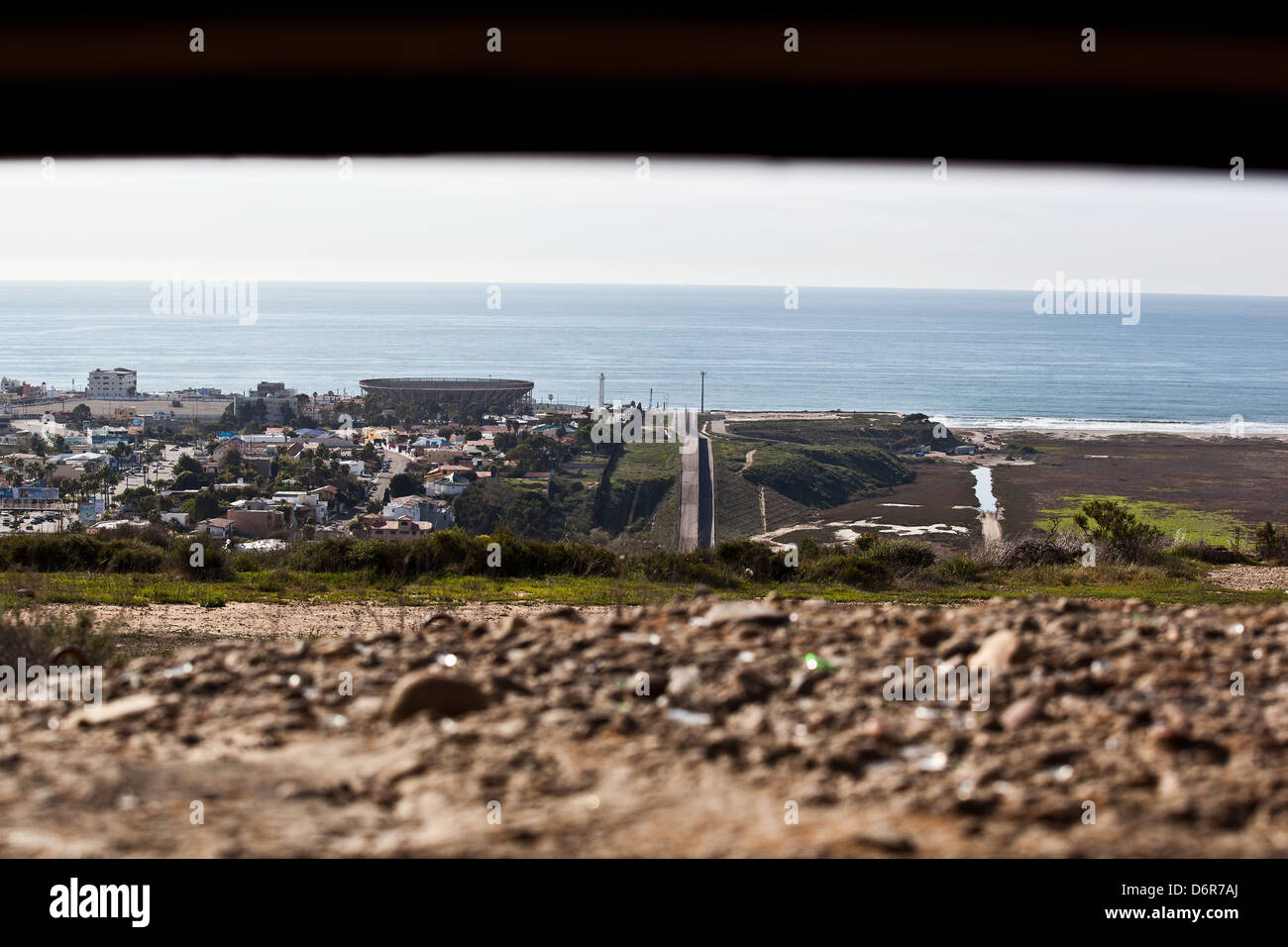 Border fence viewed from an old bunker along the border separating San ...