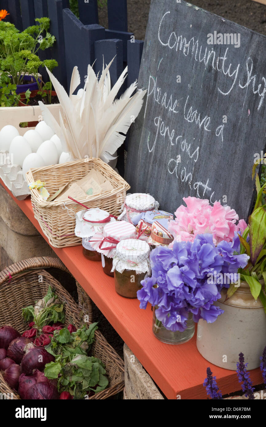 Country Kitchen dresser with home grown produce and flowers Stock Photo ...