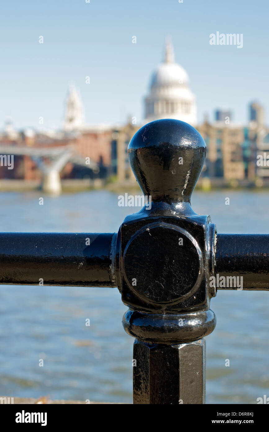 River side railings with finial on the South Bank River Thames with St ...