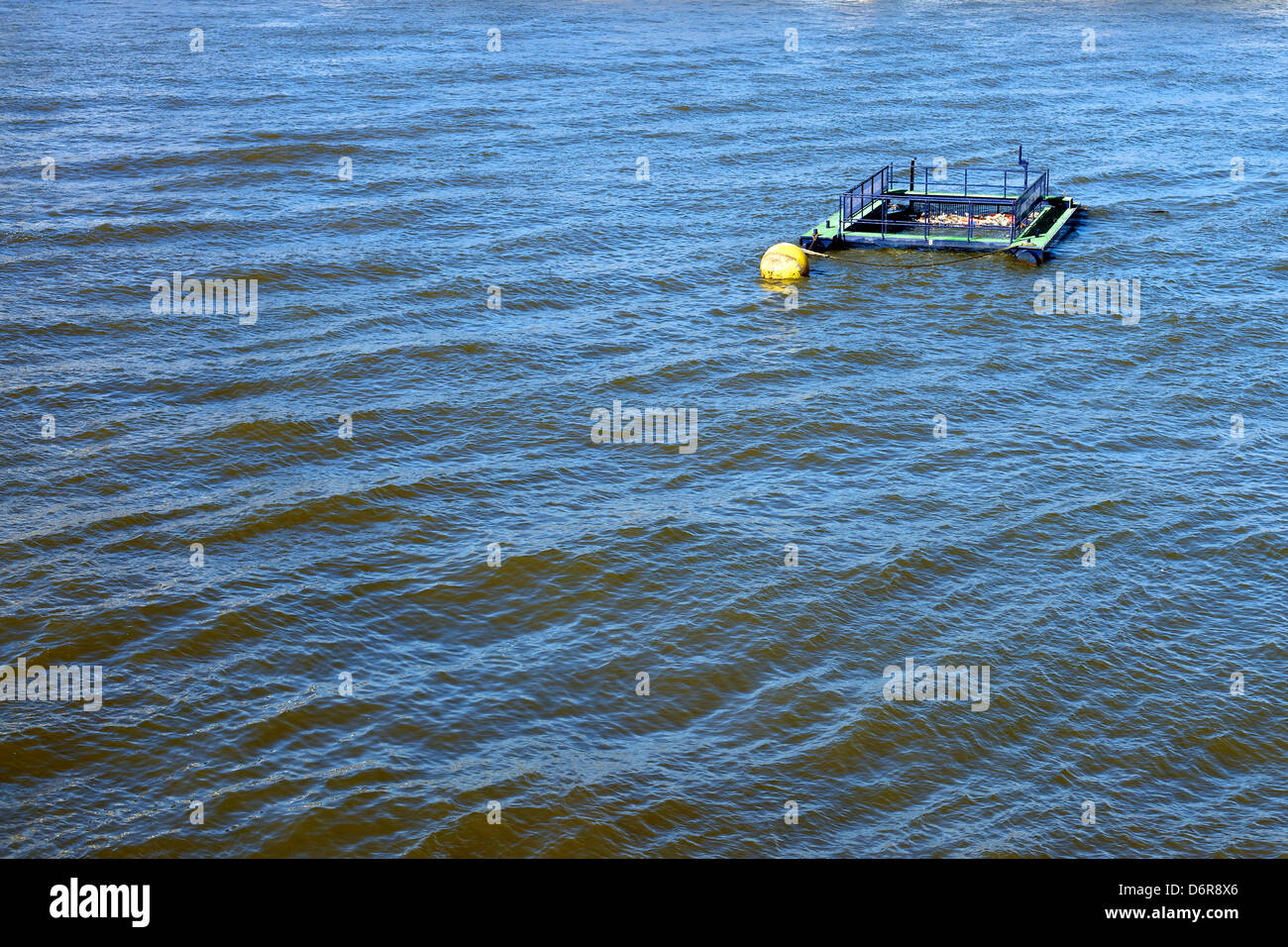 A floating pontoon rubbish container on the River Thames in London ...