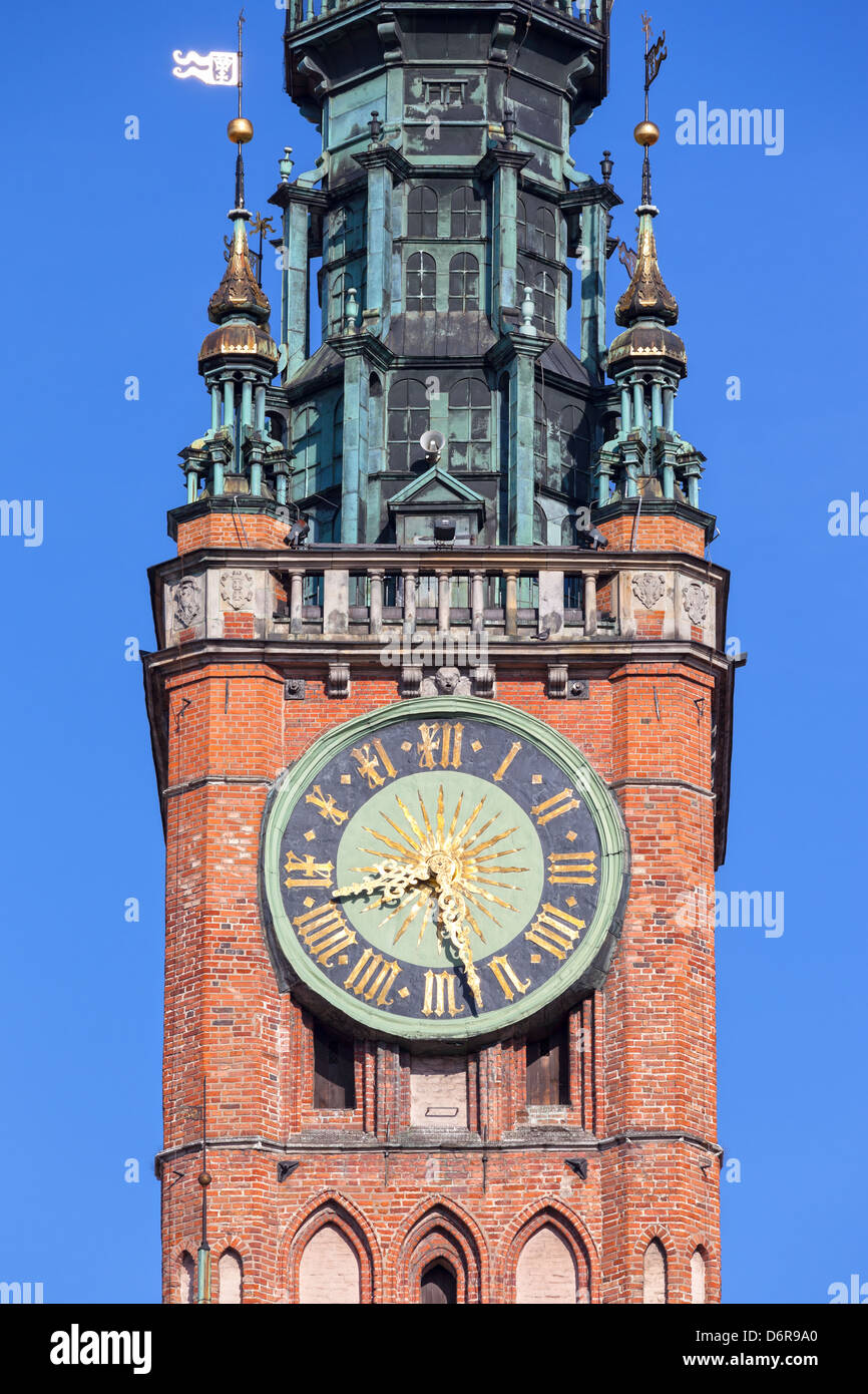 Historical clock on the tower of the Town Hall in Gdansk, Poland Stock ...