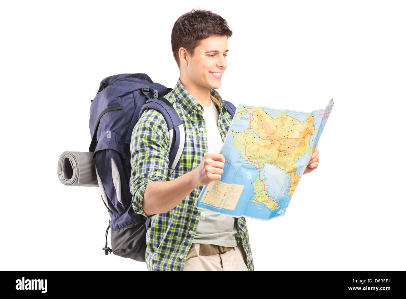 A male hiker looking at map isolated on white background Stock Photo ...