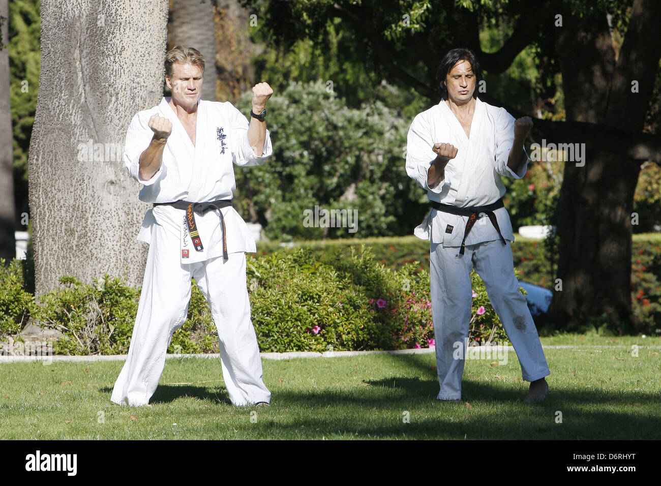 Dolph Lundgren practicing martial arts at a park in Beverly Hills ...