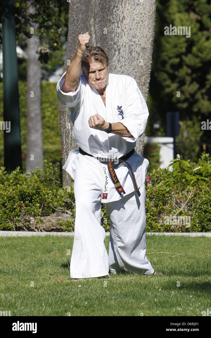 Dolph Lundgren practicing martial arts at a park in Beverly Hills ...