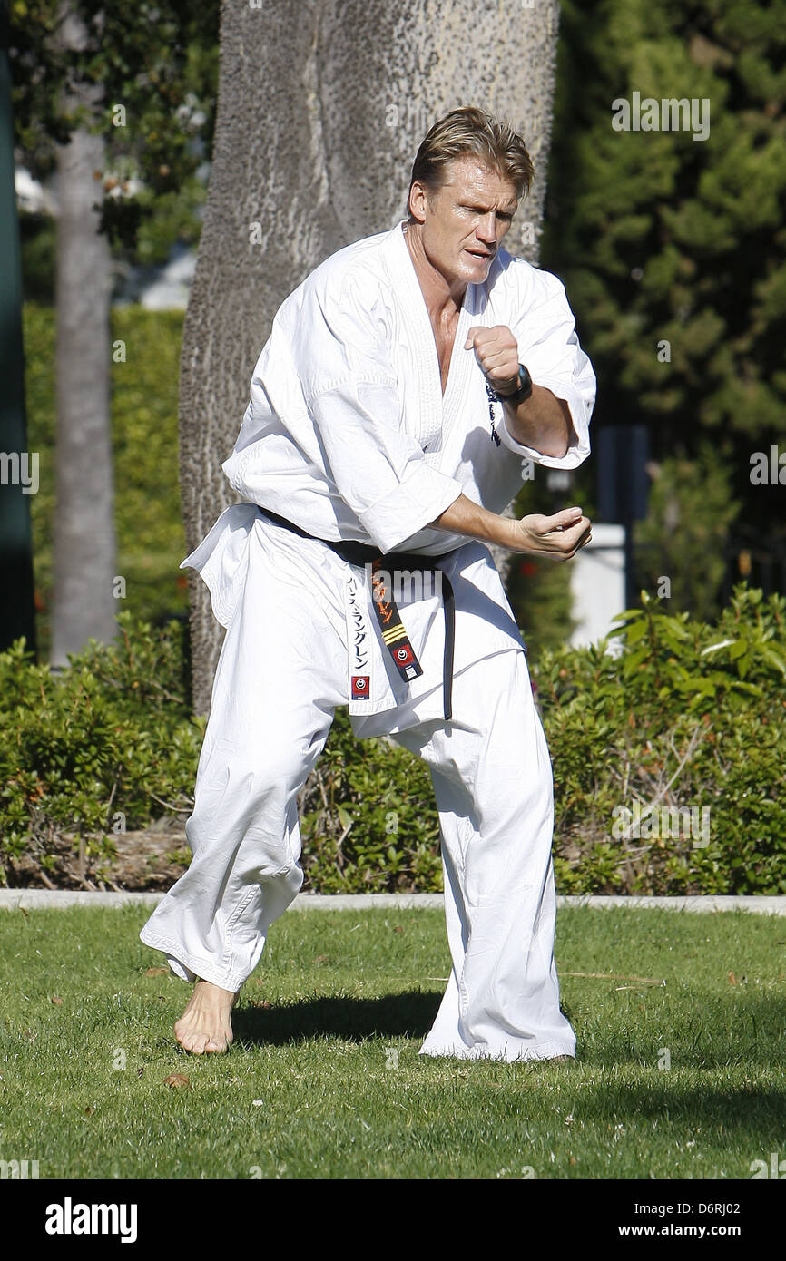 Dolph Lundgren practicing martial arts at a park in Beverly Hills ...