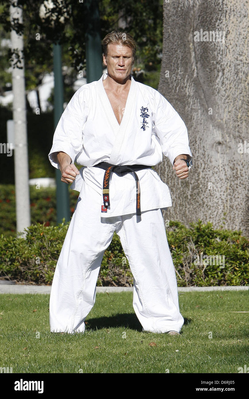 Dolph Lundgren practicing martial arts at a park in Beverly Hills ...