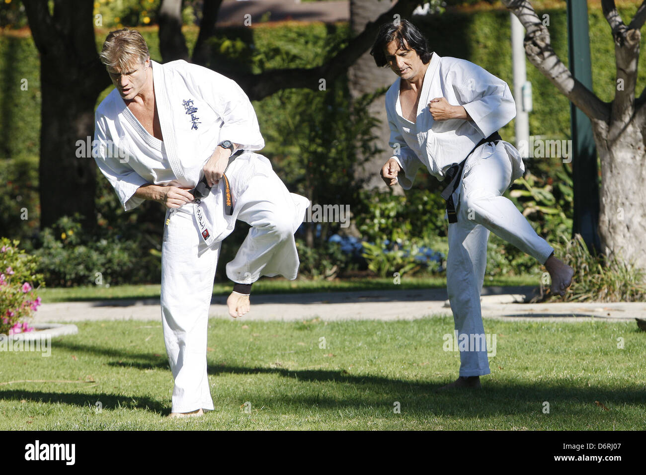 Dolph Lundgren practicing martial arts at a park in Beverly Hills ...