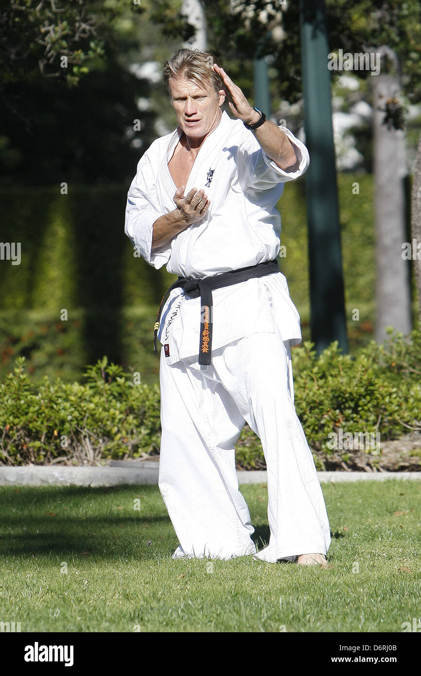 Dolph Lundgren practicing martial arts at a park in Beverly Hills ...