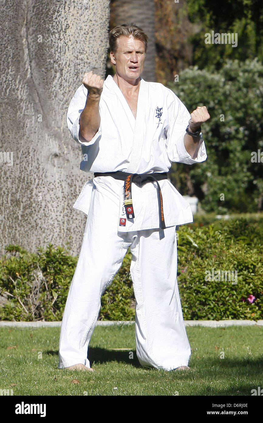 Dolph Lundgren practicing martial arts at a park in Beverly Hills ...