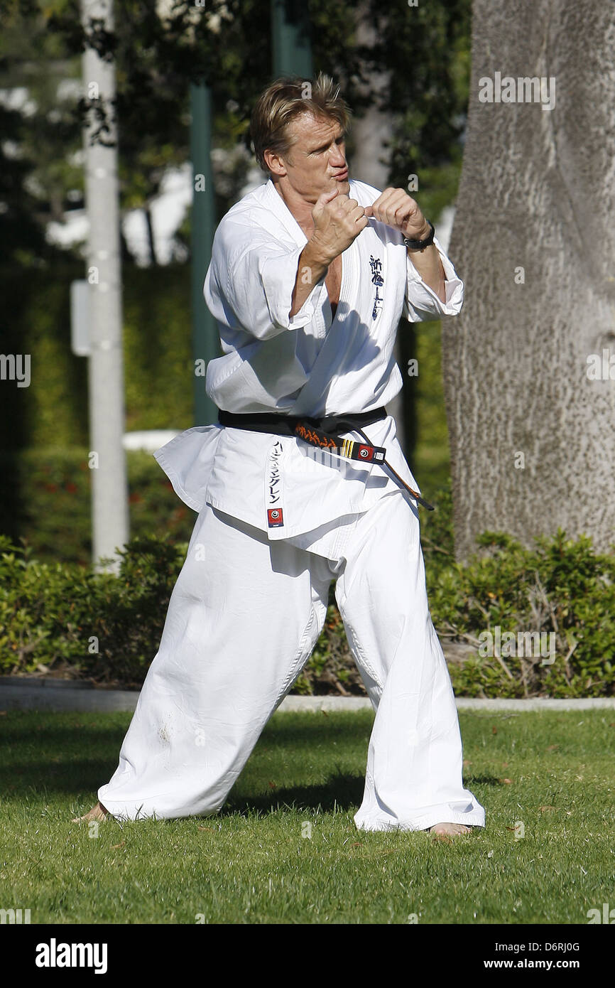Dolph Lundgren practicing martial arts at a park in Beverly Hills ...