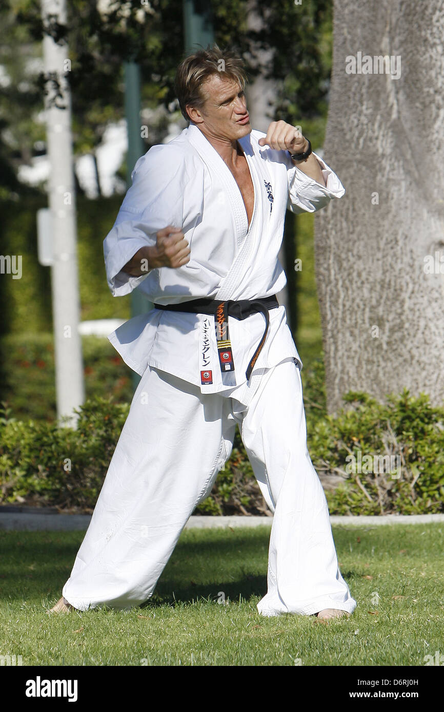 Dolph Lundgren practicing martial arts at a park in Beverly Hills ...